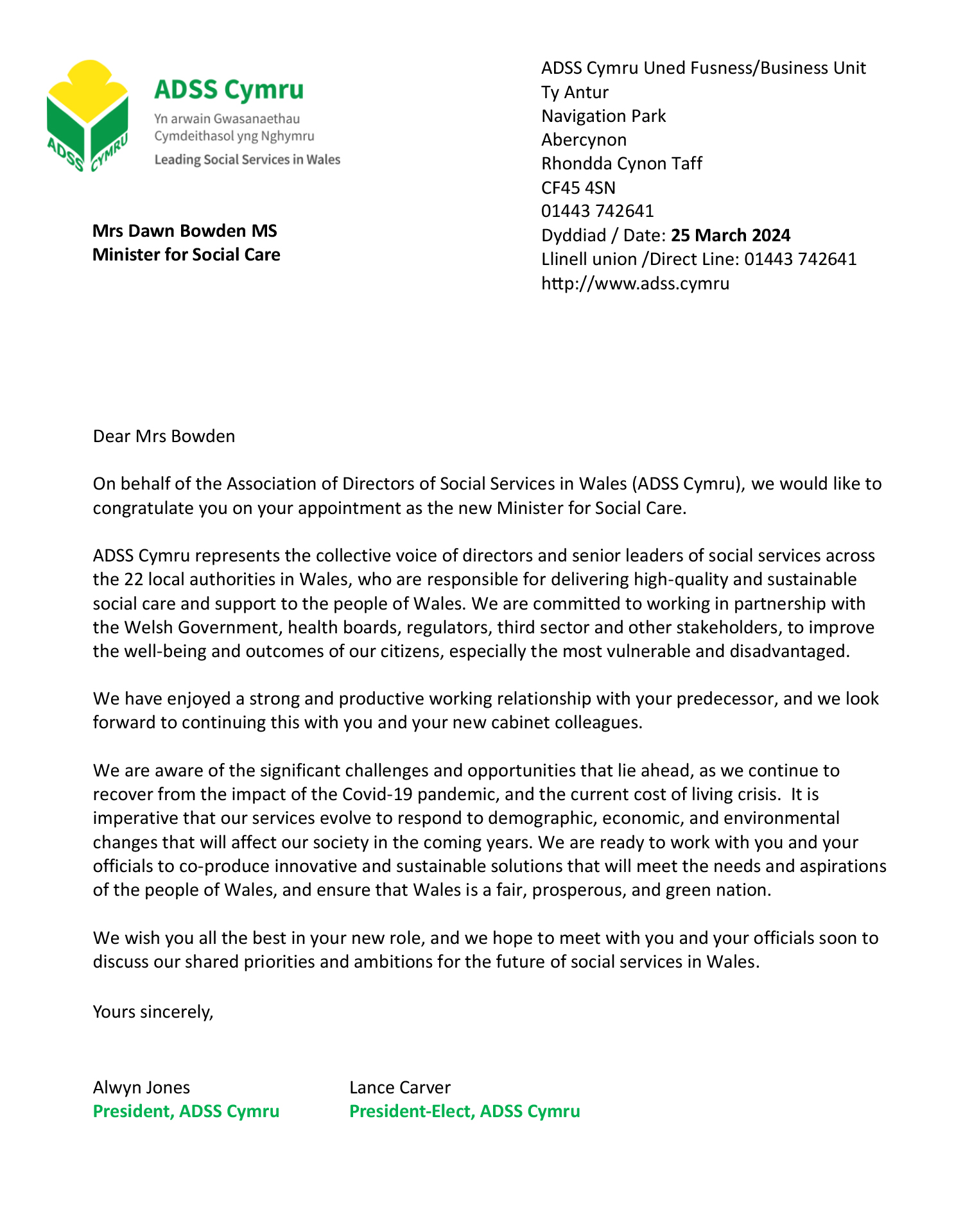 ADSS Cymru Letter to Minister for Social Care
